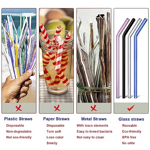 LIFEHIM Reusable Straws Glass Straws Bent: Wide Glass Straws Long 10 inch Straws Glass 10mm Glass Drinking Straws Thick Glass Smoothie Straws Clear