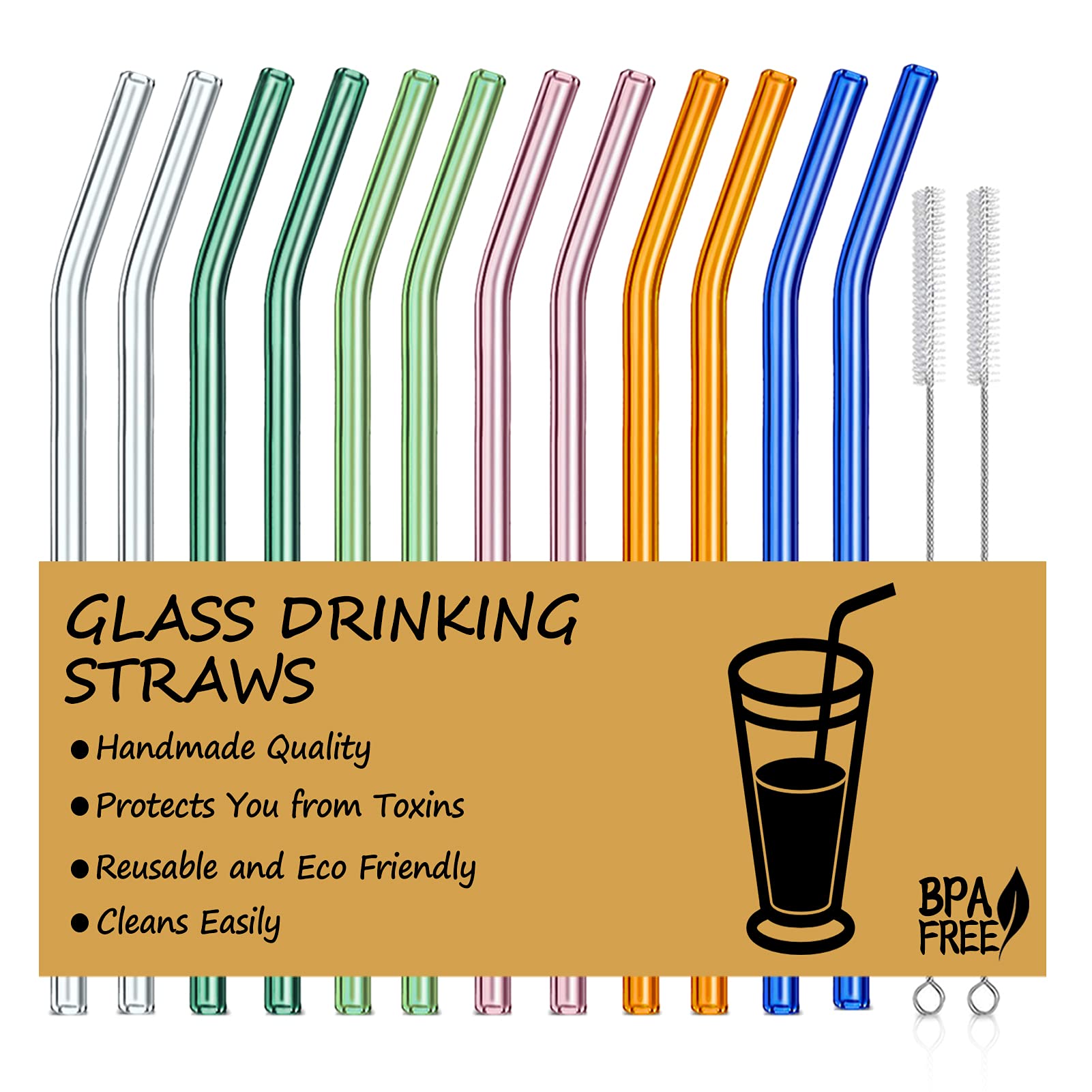 Reusable Bent Glass Straws, 8mm Glass Drinking Straws with 2 Cleaning Brushes, Non-Toxic, BPA Free Glass Straws for Smoothies, Beverages, Shakes, Juices, 12 Packs (Multicolor)