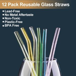 Reusable Bent Glass Straws, 8mm Glass Drinking Straws with 2 Cleaning Brushes, Non-Toxic, BPA Free Glass Straws for Smoothies, Beverages, Shakes, Juices, 12 Packs (Multicolor)