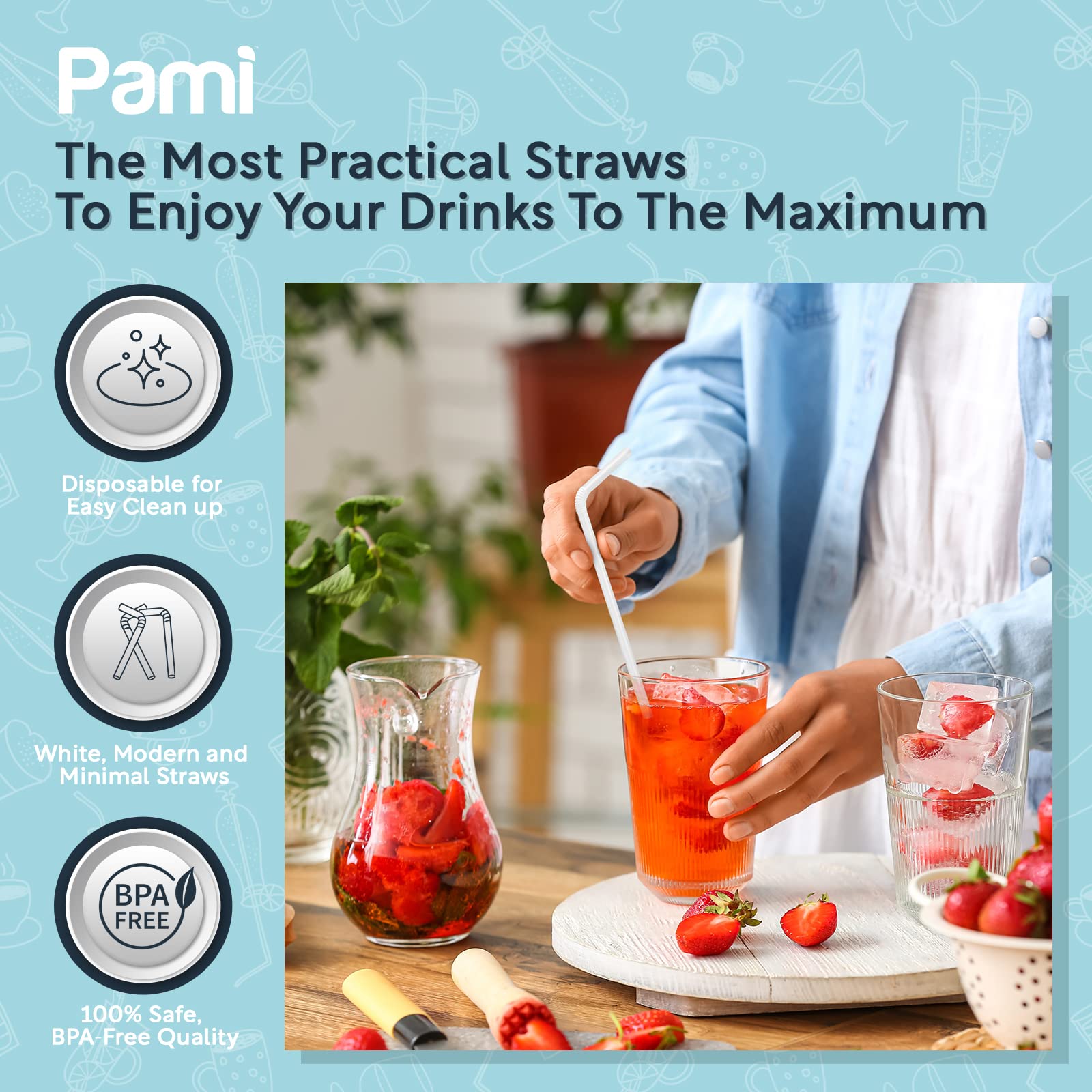 PAMI Flexible Plastic Straws, Individually Wrapped [Pack of 400] - 7.75” White Drinking Straws For Coffee, Cocktails, Drinks- Bulk Disposable Plastic Straws- BPA-Free Bent Straws For Parties