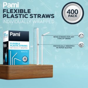 PAMI Flexible Plastic Straws, Individually Wrapped [Pack of 400] - 7.75” White Drinking Straws For Coffee, Cocktails, Drinks- Bulk Disposable Plastic Straws- BPA-Free Bent Straws For Parties