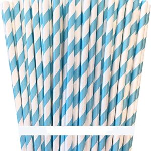 Shuiniba Biodegradable Striped Paper Straws,Paper Drinking Straws for Party, Events and Crafts,Baby Shower Decorations 7.75 Inches,100 Packs - Light Blue White - Striped