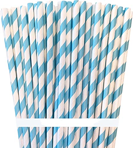 Shuiniba Biodegradable Striped Paper Straws,Paper Drinking Straws for Party, Events and Crafts,Baby Shower Decorations 7.75 Inches,100 Packs - Light Blue White - Striped