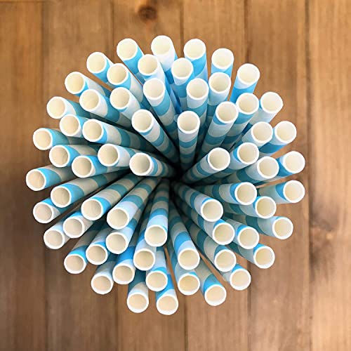 Shuiniba Biodegradable Striped Paper Straws,Paper Drinking Straws for Party, Events and Crafts,Baby Shower Decorations 7.75 Inches,100 Packs - Light Blue White - Striped