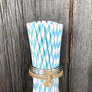 Shuiniba Biodegradable Striped Paper Straws,Paper Drinking Straws for Party, Events and Crafts,Baby Shower Decorations 7.75 Inches,100 Packs - Light Blue White - Striped