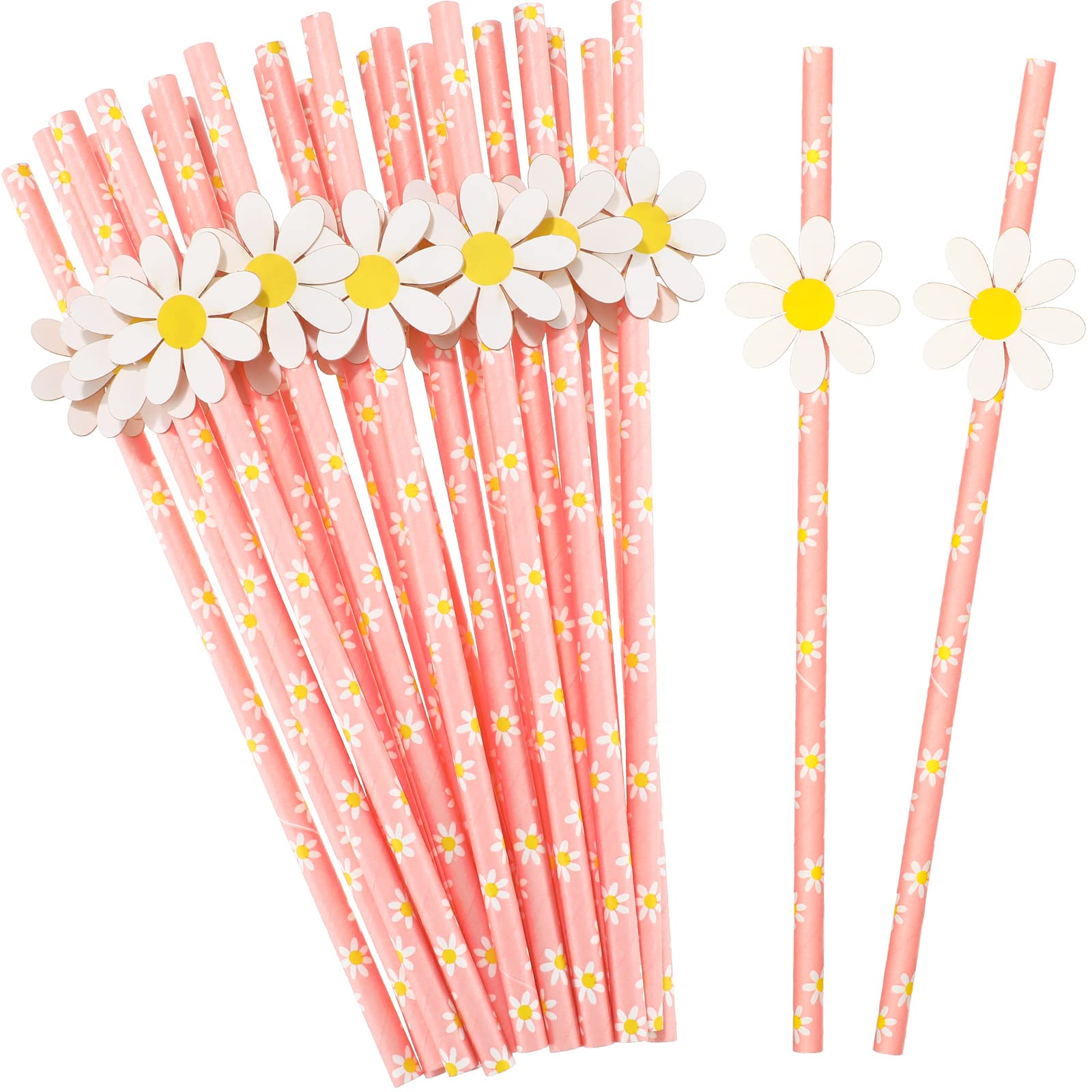 100 Pcs Daisy Paper Straws Daisy Party Decorations Disposable Two Groovy Daisy Straws Flower Straws Floral Pink Straws for Kids Girls Birthday Party Supplies Little Cutie Baby Shower Wedding Decor