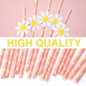 100 Pcs Daisy Paper Straws Daisy Party Decorations Disposable Two Groovy Daisy Straws Flower Straws Floral Pink Straws for Kids Girls Birthday Party Supplies Little Cutie Baby Shower Wedding Decor