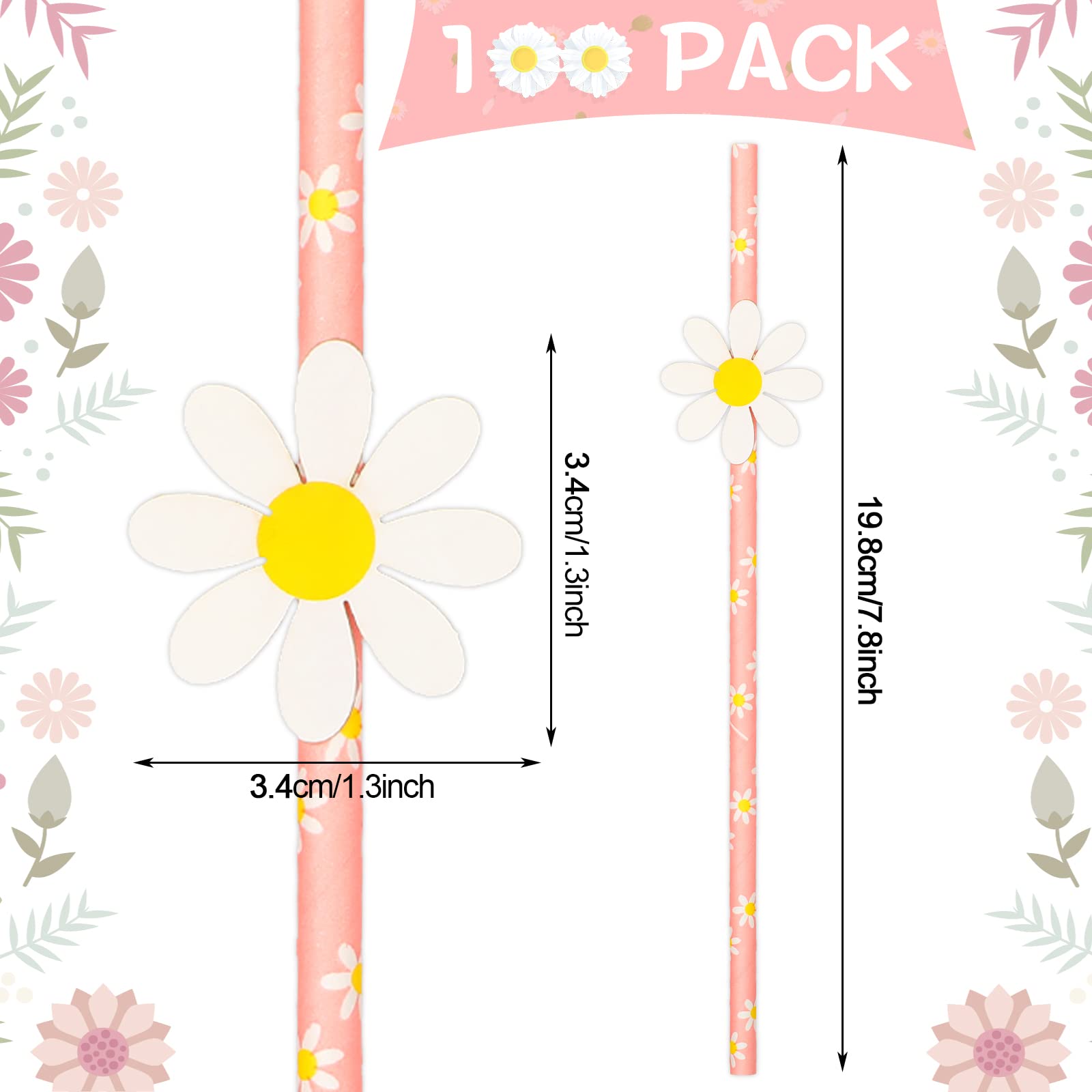 100 Pcs Daisy Paper Straws Daisy Party Decorations Disposable Two Groovy Daisy Straws Flower Straws Floral Pink Straws for Kids Girls Birthday Party Supplies Little Cutie Baby Shower Wedding Decor