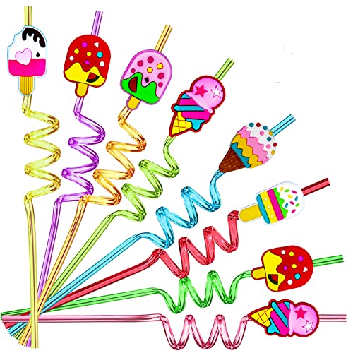 24 Reusable Crazy Shapes Ice Cream Straws, Drink Cocktail Straws for Birthday Party Supplies Party Favors with 2 Cleaning Brushes 8 Color Straws