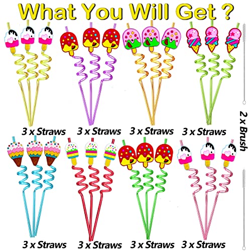 24 Reusable Crazy Shapes Ice Cream Straws, Drink Cocktail Straws for Birthday Party Supplies Party Favors with 2 Cleaning Brushes 8 Color Straws