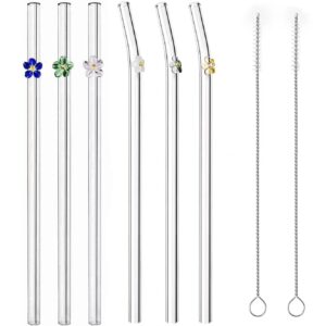 6PCS Reusable Glass Straw Flower Design Glass Straw,Colorful Straws Cocktails Bar Accessories Cleaning Brush Bent Drinking Straws for Hot and Cold Drinks (Flower)