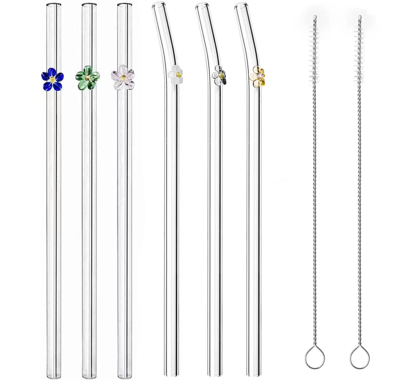 6PCS Reusable Glass Straw Flower Design Glass Straw,Colorful Straws Cocktails Bar Accessories Cleaning Brush Bent Drinking Straws for Hot and Cold Drinks (Flower)