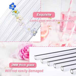 6PCS Reusable Glass Straw Flower Design Glass Straw,Colorful Straws Cocktails Bar Accessories Cleaning Brush Bent Drinking Straws for Hot and Cold Drinks (Flower)