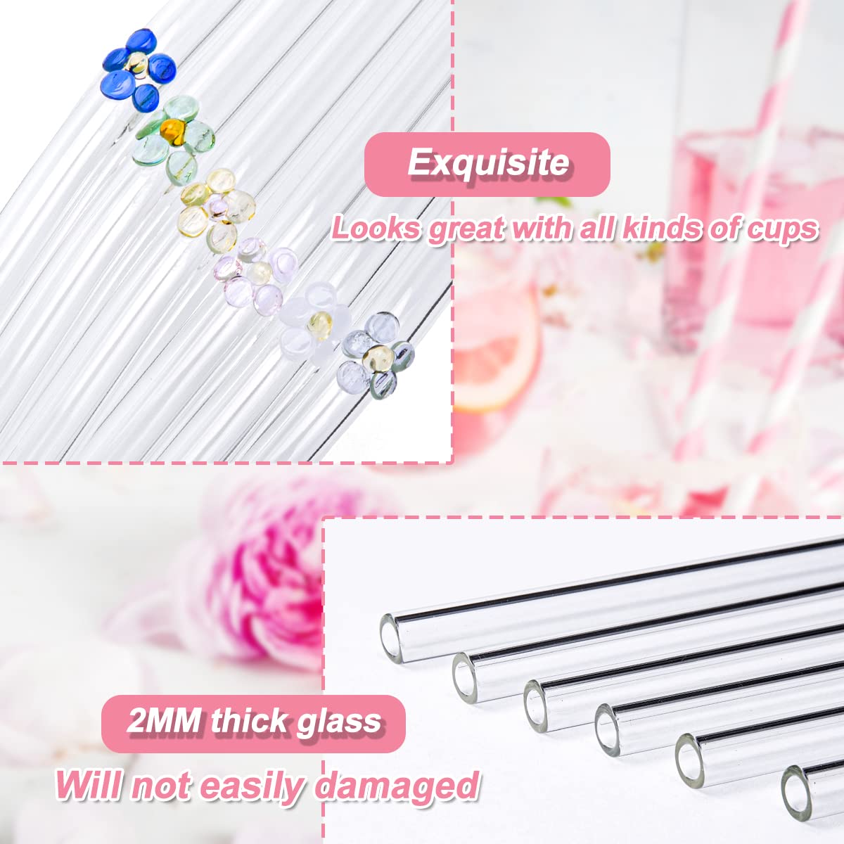 6PCS Reusable Glass Straw Flower Design Glass Straw,Colorful Straws Cocktails Bar Accessories Cleaning Brush Bent Drinking Straws for Hot and Cold Drinks (Flower)