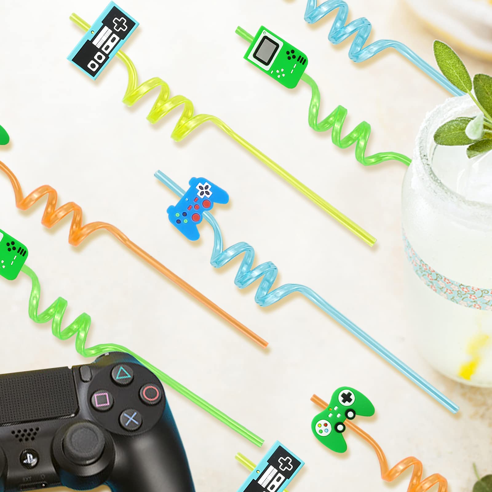 24pc Video Game Party Favors, Game Controller Drinking Straws as Birthday Party Supplies Decorations for Boys Goodie Gifts for Kids with 2 PCS Cleaning Brushes