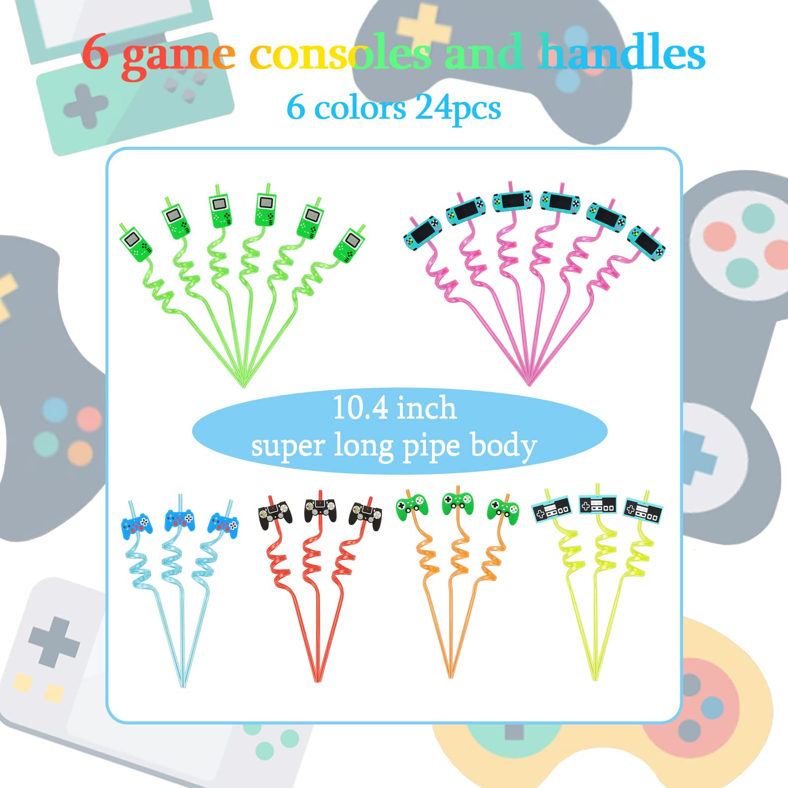 24pc Video Game Party Favors, Game Controller Drinking Straws as Birthday Party Supplies Decorations for Boys Goodie Gifts for Kids with 2 PCS Cleaning Brushes