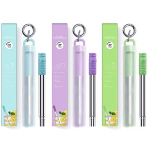 loivfet metal straws 3 pack reusable collapsible stainless steel straw portable telescopic straws drinking easy to clean with silicone tips,travel case,keychain,cleaner brush(green & blue & purple)