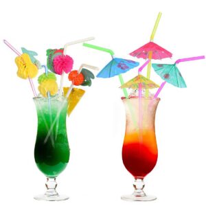 100 pcs disposable straws fruit straws umbrella straws party table decor tropical drinks for cocktail soft drinks hawaiian luau party supply (50 fruit + 50 umbrella straws)