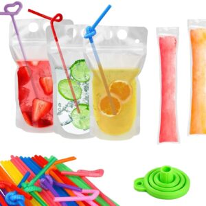 Ucio 100 Pcs Drink Pouches with 100 Straws, Juice Pouches with 30Pcs Disposable Freezable Ice Popsicle Mold Bags, Drink Pouches for Adults and Kids, Clear Pouch for Cold & Hot Drinks (100Pcs)