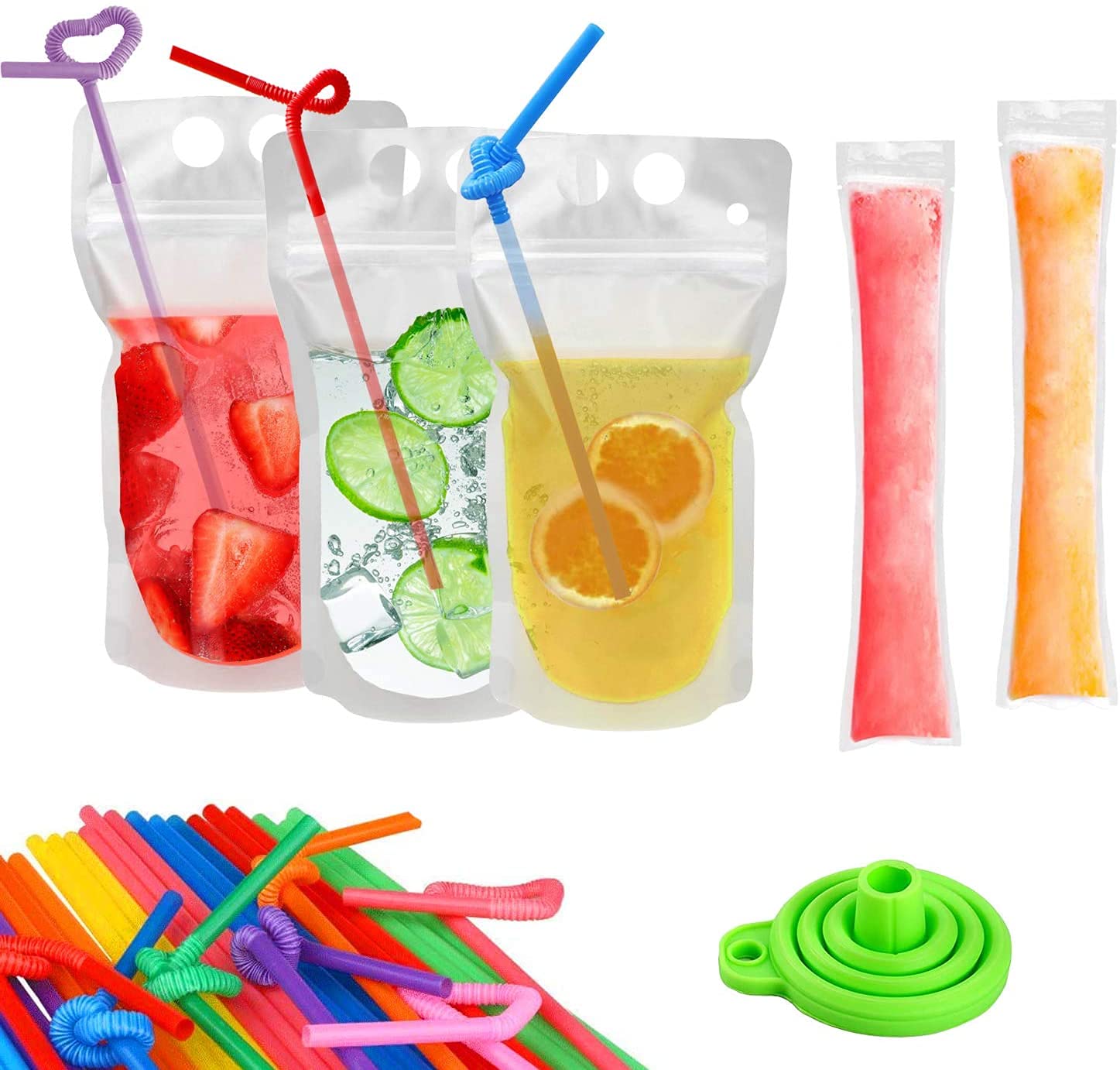 Ucio 100 Pcs Drink Pouches with 100 Straws, Juice Pouches with 30Pcs Disposable Freezable Ice Popsicle Mold Bags, Drink Pouches for Adults and Kids, Clear Pouch for Cold & Hot Drinks (100Pcs)