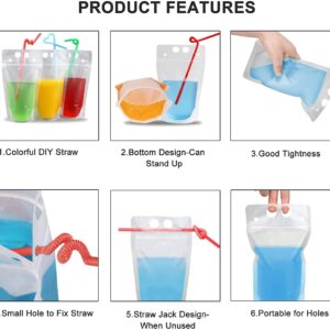 Ucio 100 Pcs Drink Pouches with 100 Straws, Juice Pouches with 30Pcs Disposable Freezable Ice Popsicle Mold Bags, Drink Pouches for Adults and Kids, Clear Pouch for Cold & Hot Drinks (100Pcs)