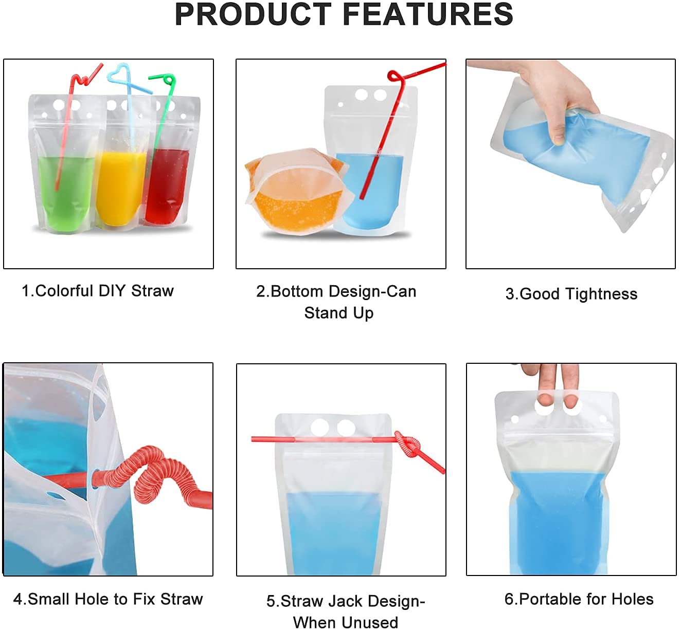 Ucio 100 Pcs Drink Pouches with 100 Straws, Juice Pouches with 30Pcs Disposable Freezable Ice Popsicle Mold Bags, Drink Pouches for Adults and Kids, Clear Pouch for Cold & Hot Drinks (100Pcs)