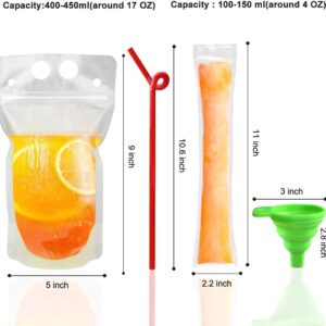 Ucio 100 Pcs Drink Pouches with 100 Straws, Juice Pouches with 30Pcs Disposable Freezable Ice Popsicle Mold Bags, Drink Pouches for Adults and Kids, Clear Pouch for Cold & Hot Drinks (100Pcs)