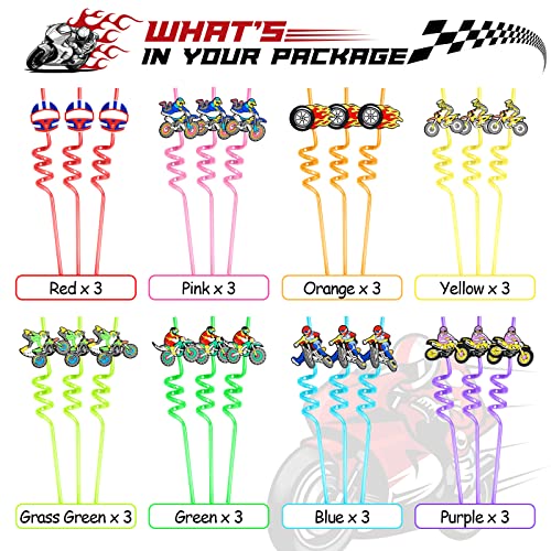 Dirt Bike Drinking Straws 24 PCS Motorcycle Party Favors with 2 Cleaning Brush Motocross Racing Birthday Party Supplies BMX Party Decorations for Kids