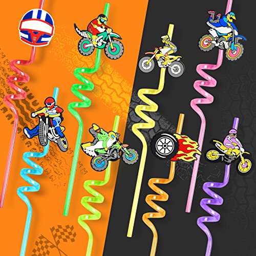 Dirt Bike Drinking Straws 24 PCS Motorcycle Party Favors with 2 Cleaning Brush Motocross Racing Birthday Party Supplies BMX Party Decorations for Kids