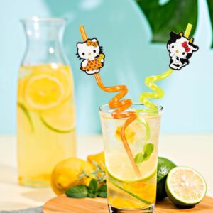 28Pcs Cute Kitty Party Favors Reusable Drinking Straws, 14 Designs Cartoon Birthday Party Supplies with 2 Cleaning Brush