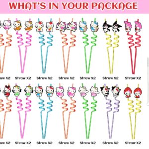 28Pcs Cute Kitty Party Favors Reusable Drinking Straws, 14 Designs Cartoon Birthday Party Supplies with 2 Cleaning Brush