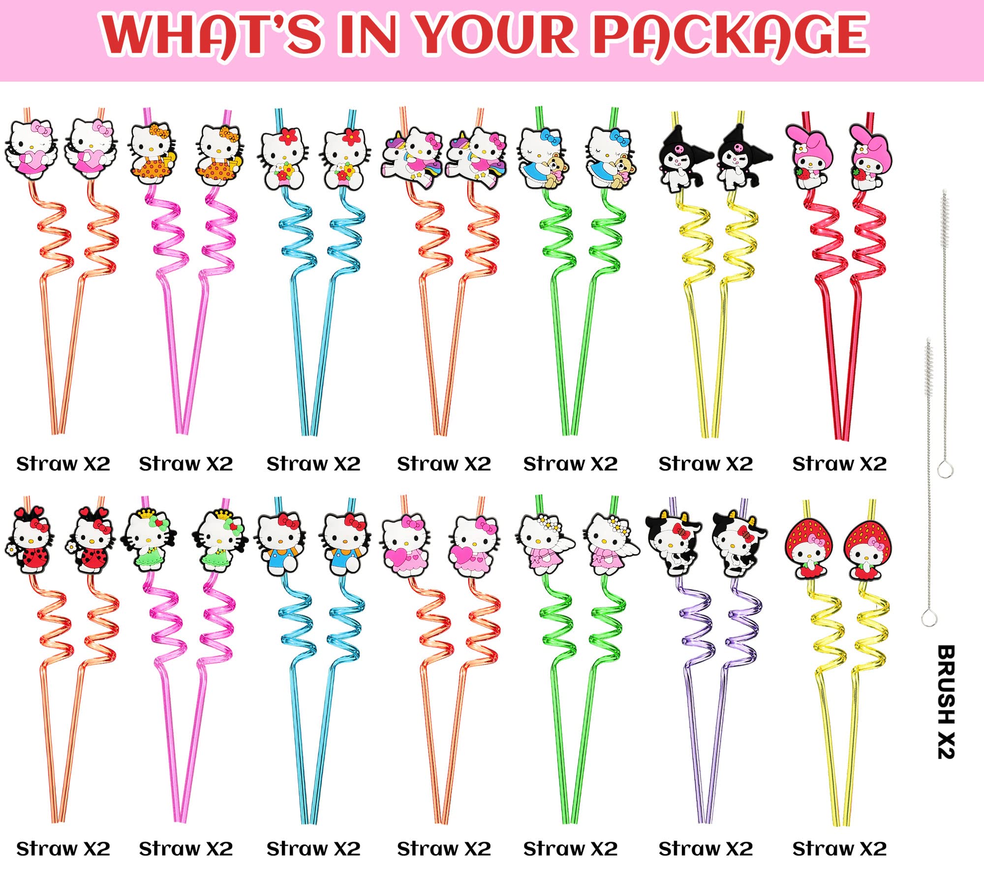 28Pcs Cute Kitty Party Favors Reusable Drinking Straws, 14 Designs Cartoon Birthday Party Supplies with 2 Cleaning Brush