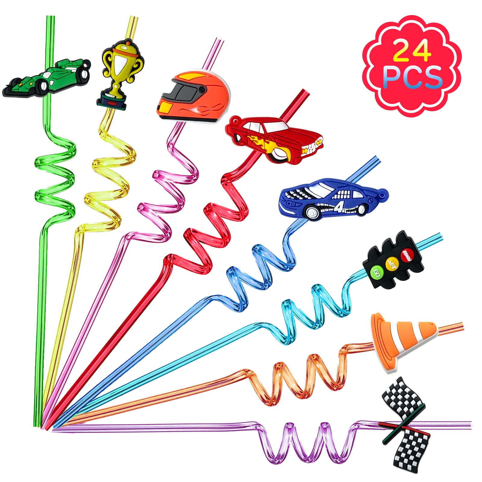 24 Race Car Reusable Straws Kids Party Favors Birthday Two Fast Party Supplies Favors Drink Markers with 2 PCS Cleaning Brushes