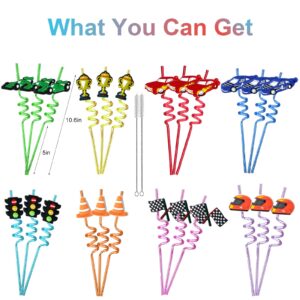 24 Race Car Reusable Straws Kids Party Favors Birthday Two Fast Party Supplies Favors Drink Markers with 2 PCS Cleaning Brushes