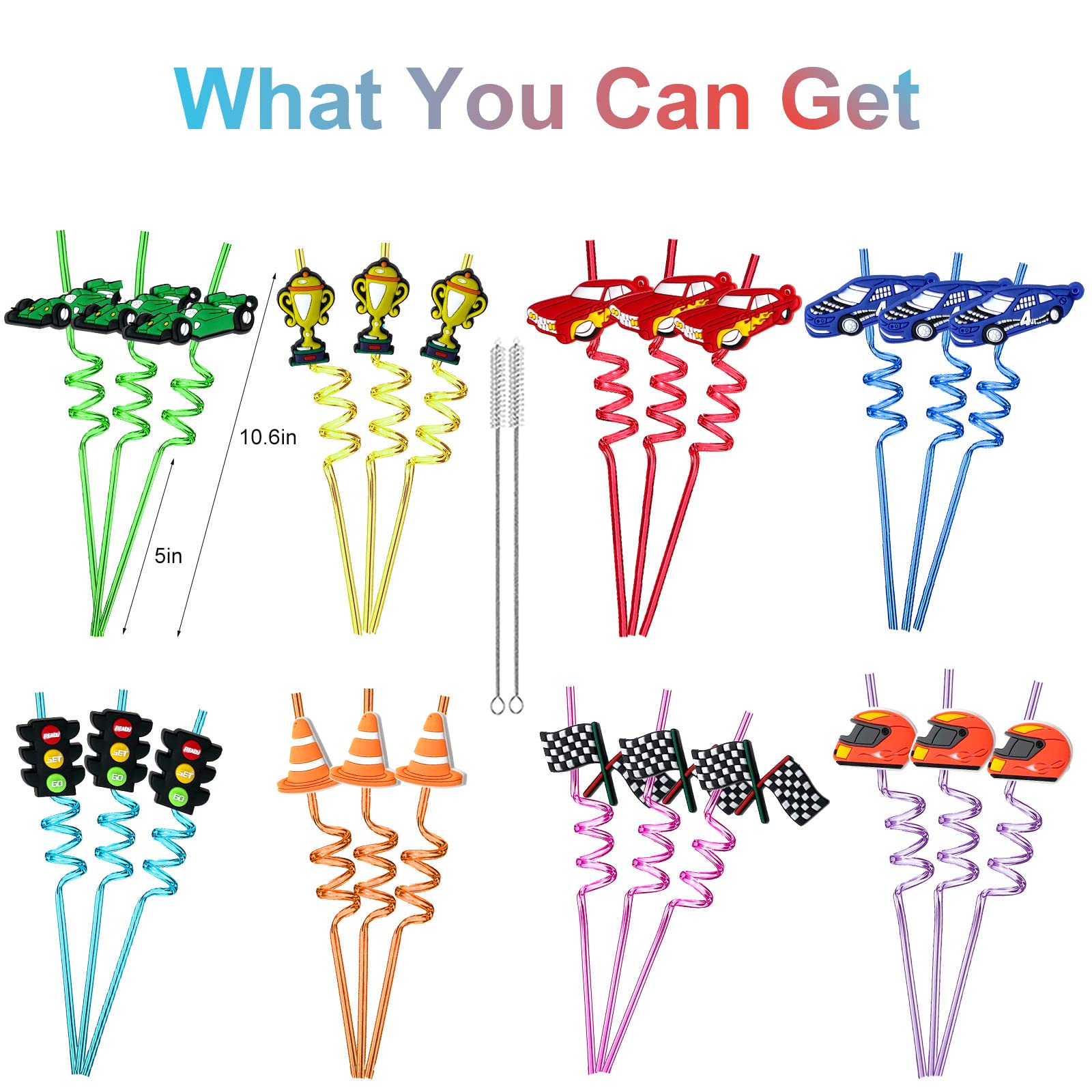 24 Race Car Reusable Straws Kids Party Favors Birthday Two Fast Party Supplies Favors Drink Markers with 2 PCS Cleaning Brushes