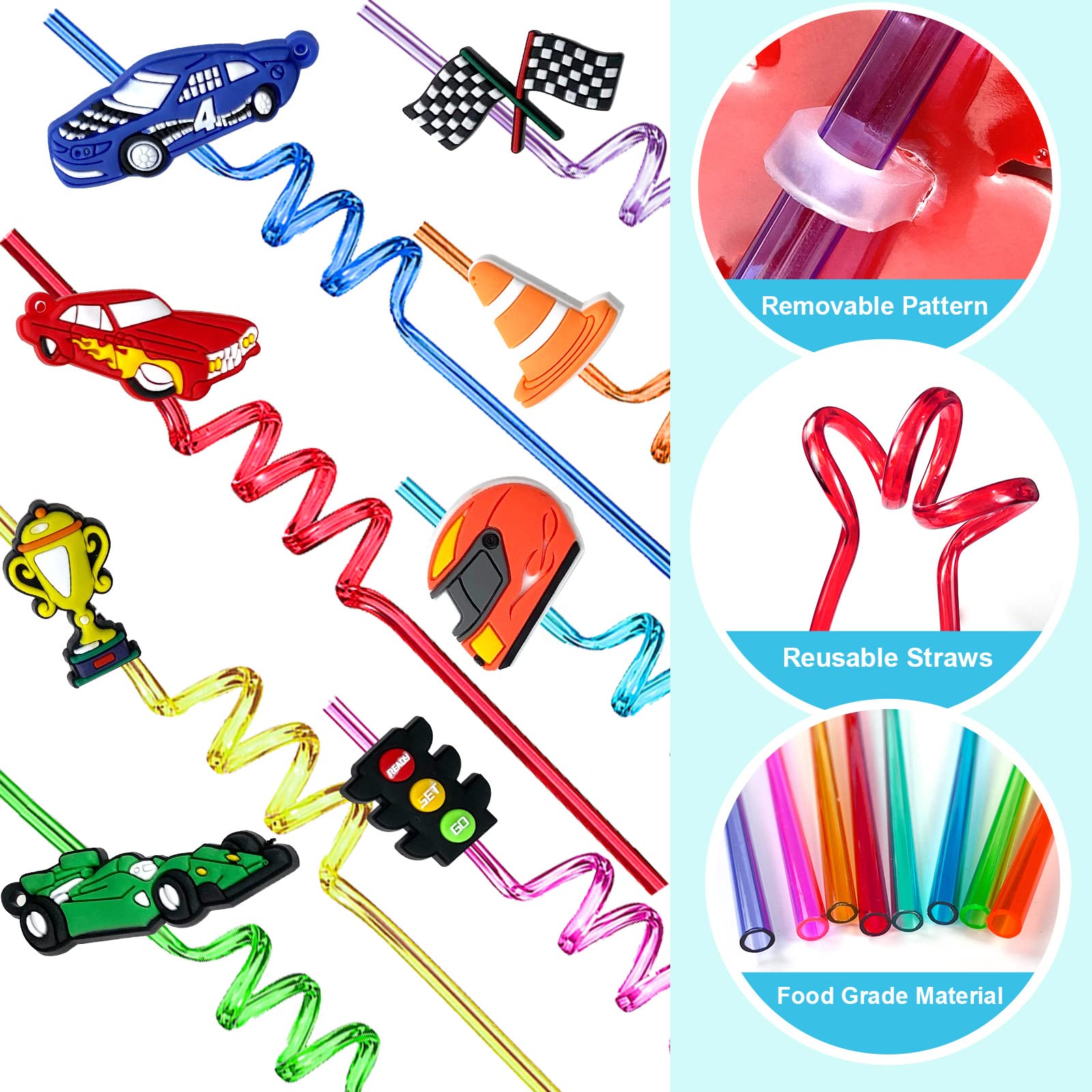 24 Race Car Reusable Straws Kids Party Favors Birthday Two Fast Party Supplies Favors Drink Markers with 2 PCS Cleaning Brushes