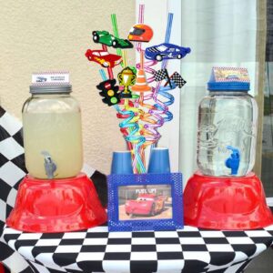 24 Race Car Reusable Straws Kids Party Favors Birthday Two Fast Party Supplies Favors Drink Markers with 2 PCS Cleaning Brushes