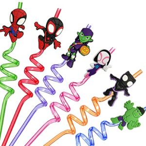 24 Spider and His Amazing Friends Party Favors Reusable Drinking Straws,8 Designs Spider Great for Spiderman Birthday Party Supplies with 2 Cleaning Brushes.