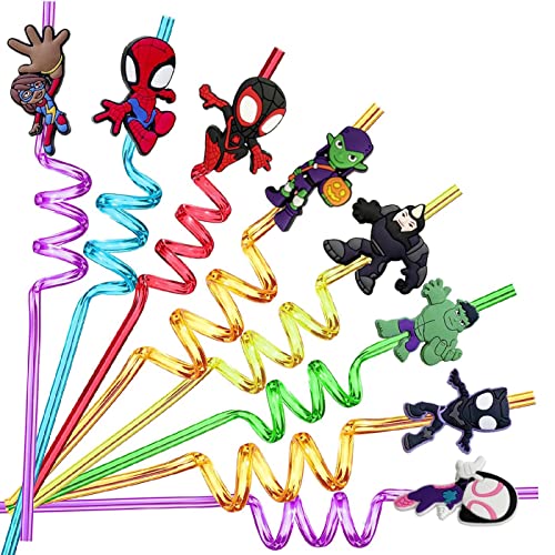 24 Spider and His Amazing Friends Party Favors Reusable Drinking Straws,8 Designs Spider Great for Spiderman Birthday Party Supplies with 2 Cleaning Brushes.