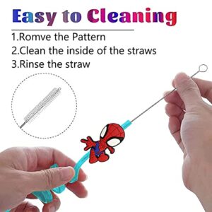 24 Spider and His Amazing Friends Party Favors Reusable Drinking Straws,8 Designs Spider Great for Spiderman Birthday Party Supplies with 2 Cleaning Brushes.