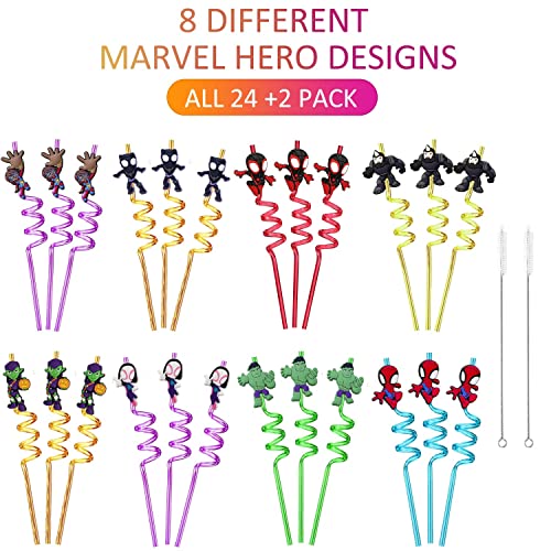 24 Spider and His Amazing Friends Party Favors Reusable Drinking Straws,8 Designs Spider Great for Spiderman Birthday Party Supplies with 2 Cleaning Brushes.