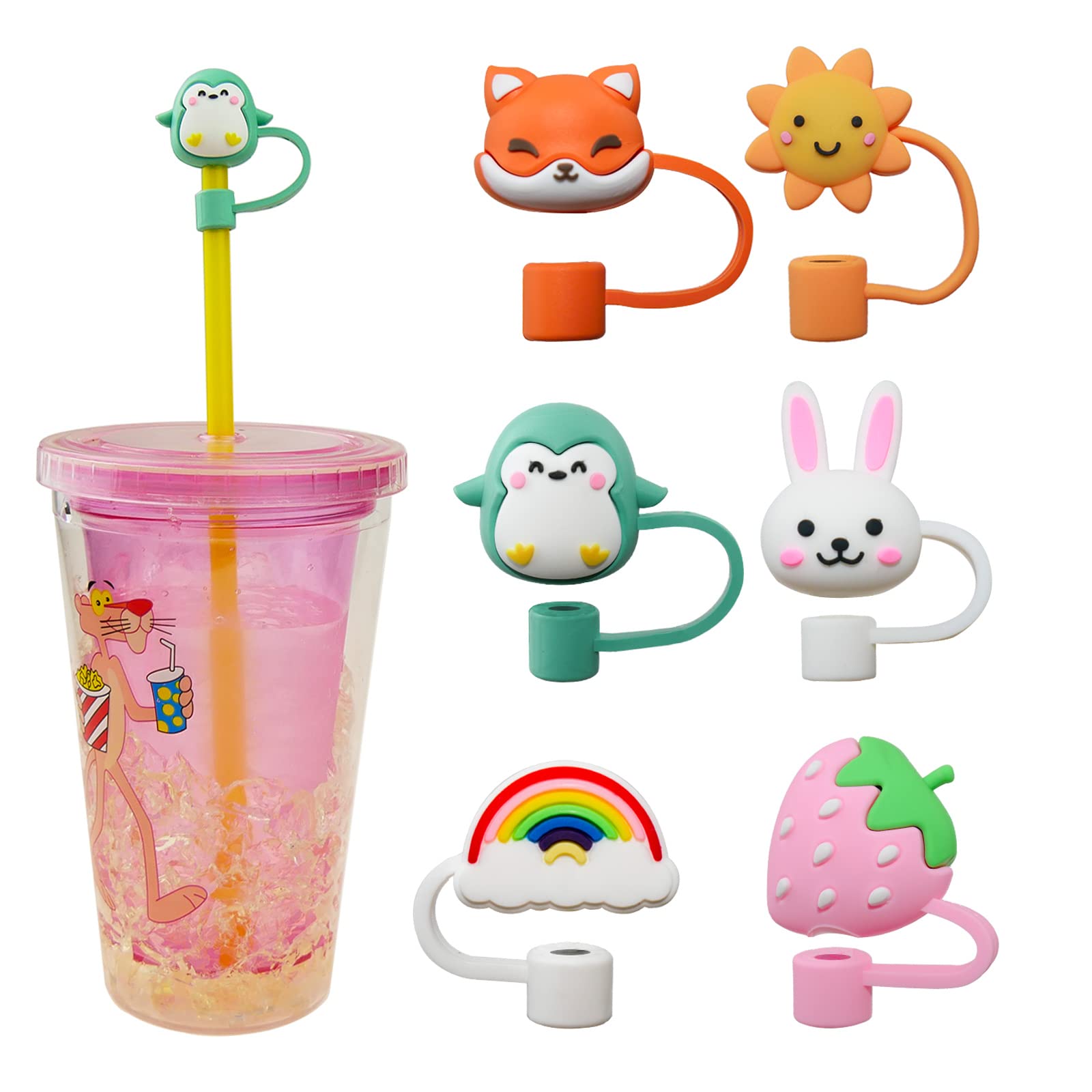 Straw Cover - 6 Pack Cute Colorful Silicone Reusable Drinking Straw Lids for Cup Dust-Proof Straw Plugs for Straw Tips for 6 mm