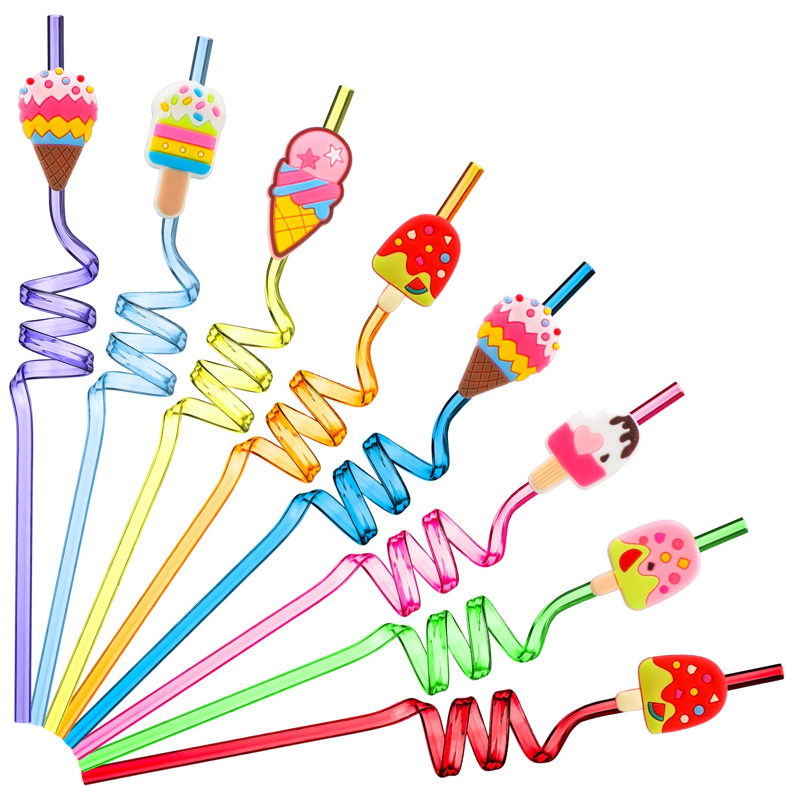 24 Pieces Reusable Ice Cream Straws Plastic Ice Cream Drinking Straws Cute Crazy Straws Ice Cream Party Favors for Kids Birthday Party 8 Styles, 8 Colors