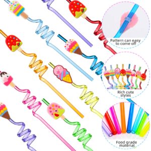 24 Pieces Reusable Ice Cream Straws Plastic Ice Cream Drinking Straws Cute Crazy Straws Ice Cream Party Favors for Kids Birthday Party 8 Styles, 8 Colors