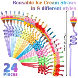 24 Pieces Reusable Ice Cream Straws Plastic Ice Cream Drinking Straws Cute Crazy Straws Ice Cream Party Favors for Kids Birthday Party 8 Styles, 8 Colors