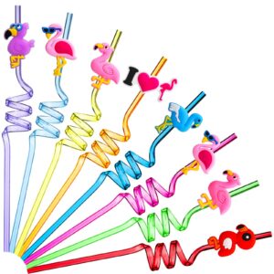 24 pieces flamingo straws reusable flamingo party supplies luau hawaiian pool straws hawaiian party favors long plastic decorative drinking straws for birthday party table decorations(flamingo)