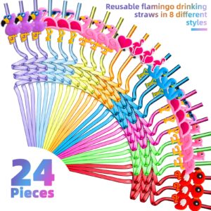 24 Pieces Flamingo Straws Reusable Flamingo Party Supplies Luau Hawaiian Pool Straws Hawaiian Party Favors Long Plastic Decorative Drinking Straws for Birthday Party Table Decorations(Flamingo)