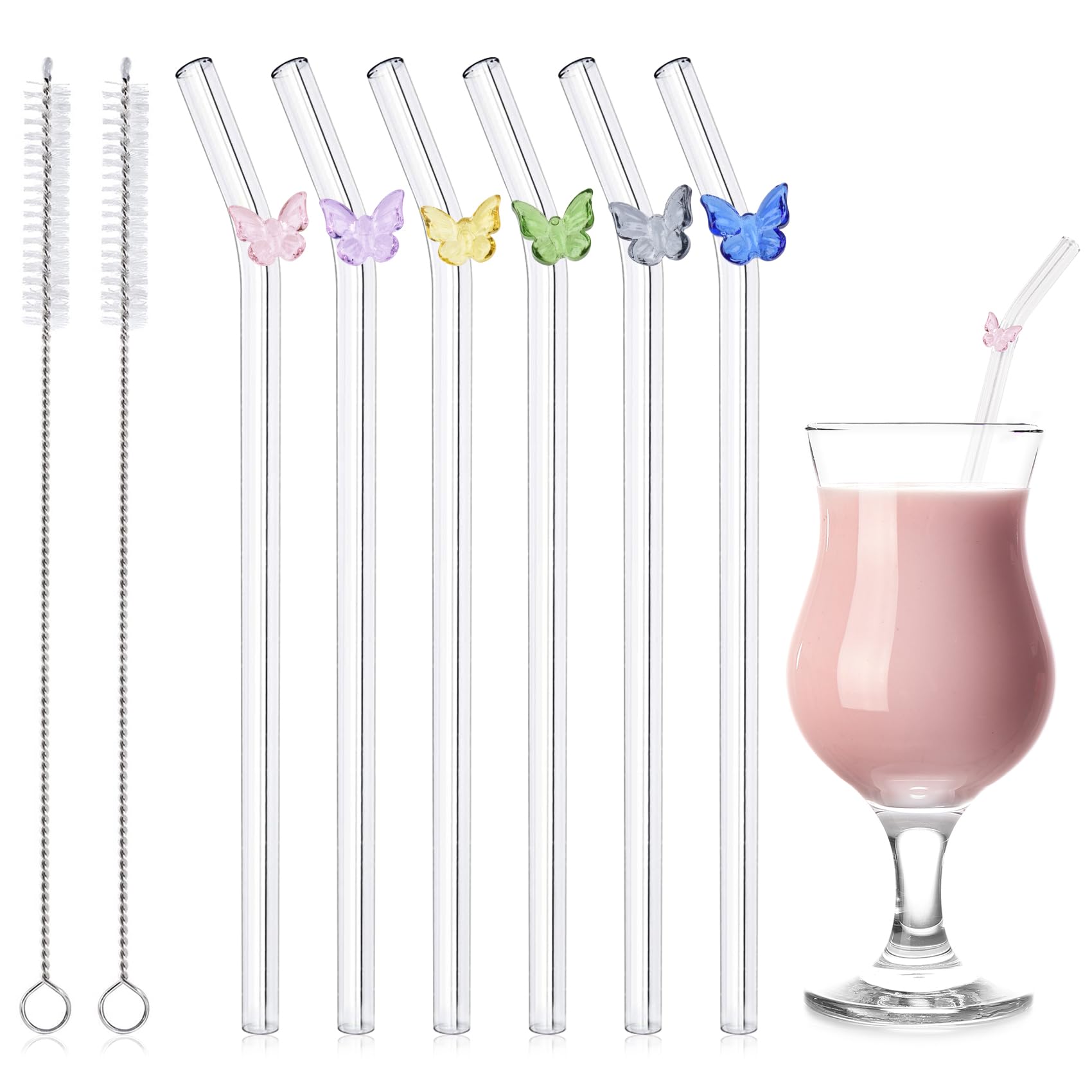 DUMING-IN 6 Pcs Reusable Glass Straws with 2 Cleaning Brushes, Cute Colorful Butterfly Glass Straws Shatter Resistant, Reusable Straws Dishwasher Safe for Juices, Smoothies, Milkshakes, Teas