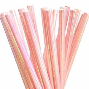 Foil Iridescent Pink Pearl Disposable Paper Paper Straws, Decorative Party Biodegradable Paper Straw Pack 100