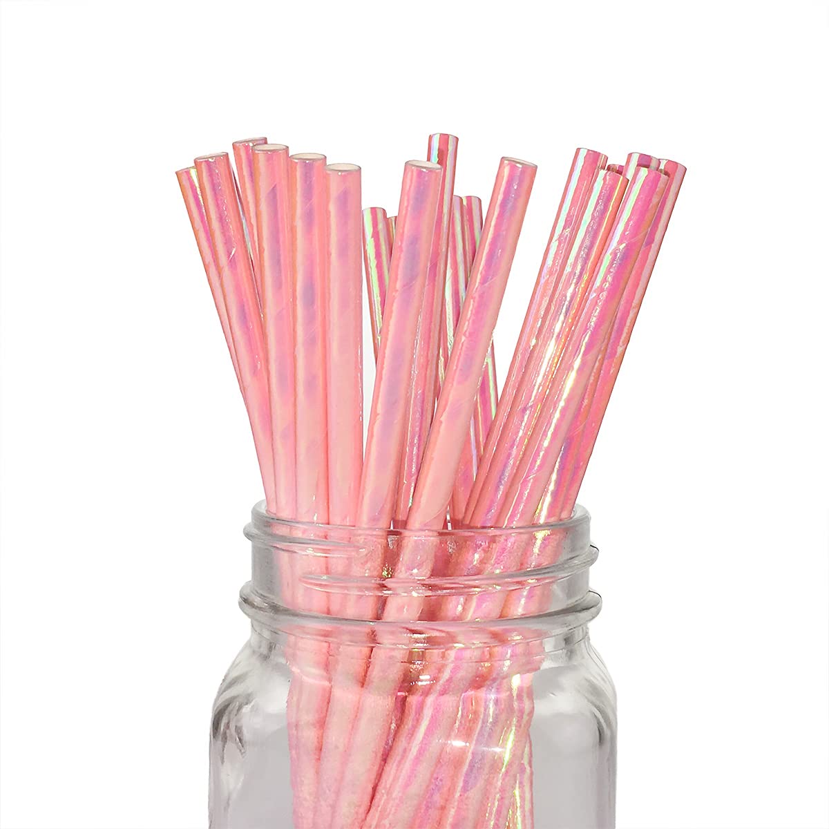 Foil Iridescent Pink Pearl Disposable Paper Paper Straws, Decorative Party Biodegradable Paper Straw Pack 100